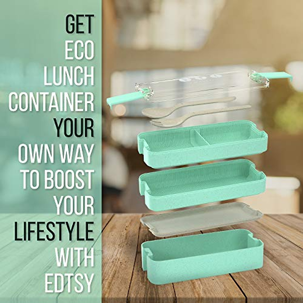 Edtsy Bento box for kids and adults with Dividers 1100 ml - Leakproof lunchbox with utensils - Lunch Solution Offers Durable, Leak-Proof, On-the-Go Meal and Snack Packing (Green)