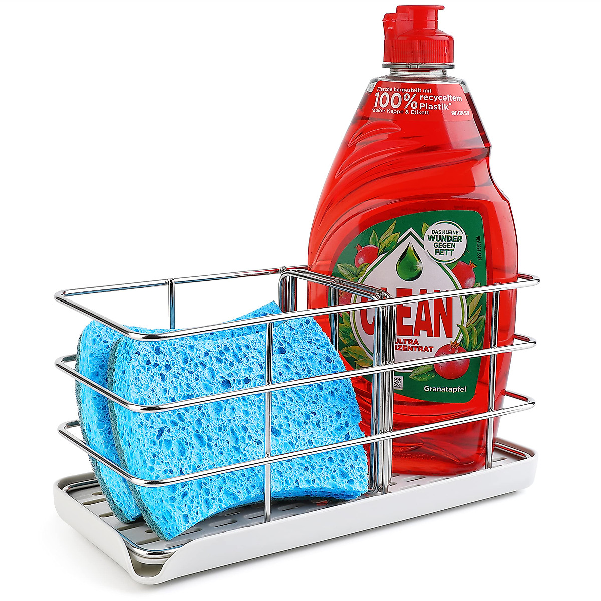 Damita Sponge Holder for Kitchen Sink, Stainless Steel Sink Caddy Organizer Rack, Brush Dish Soap Dispenser Bar Accessories Tray Drainer, with Drain Pan for Bathroom Countertop Storage