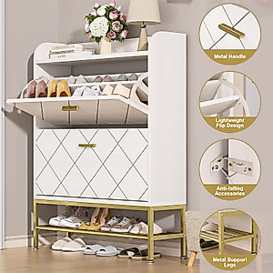 VTRIN Shoe Cabinet with 2 Flip Drawers, Wooden Shoe Organizer Cabinet Modern Sturdy Hidden Shoe Rack Cabinet with Metal Legs Narrow Shoe Cabinet for Entryway Shoe Storage Cabinet, White