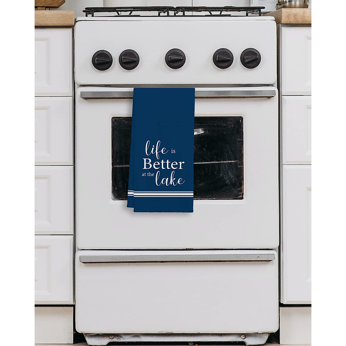 QIYUHOY Life is Better at The Lake Navy Blue Kitchen Towels Tea Towels,16X24 Inches Cotton Modern Dish Towels Dishcloths,Dish Cloth Flour Sack Hand Towel for Lake House Kitchen Decor,Lake Lover Gifts