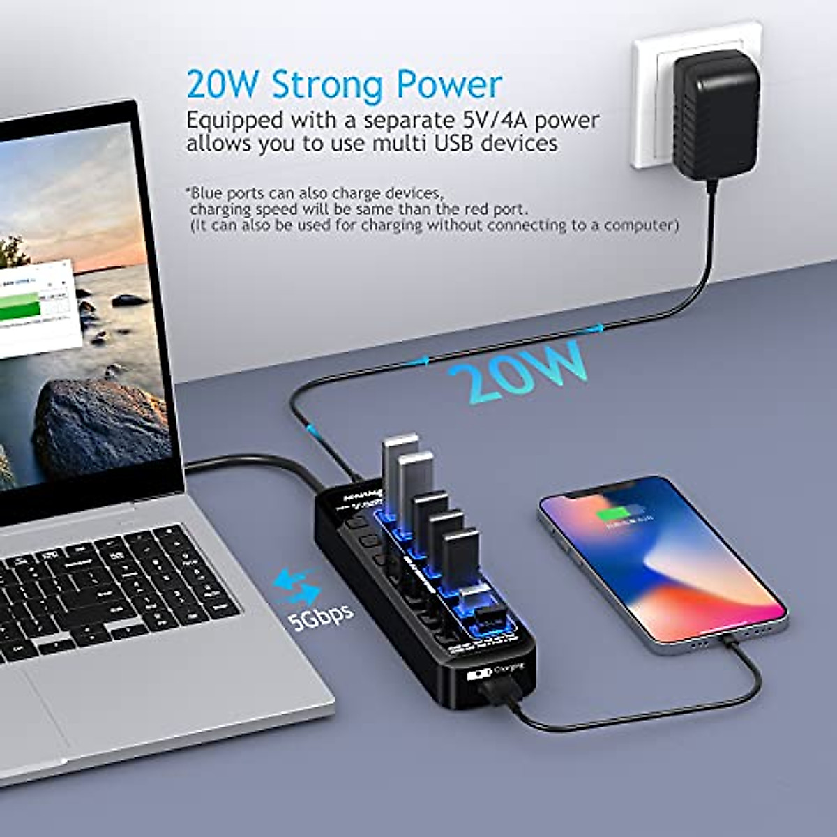 Apanage Powered USB 3.0 Hub, 8 Port USB 3.0 Hub Splitter with 7 Data Ports and 1 Smart Charging Port with Individual On/Off and 5V/4A Power Adapter USB Extension for MacBook, Mac Pro…