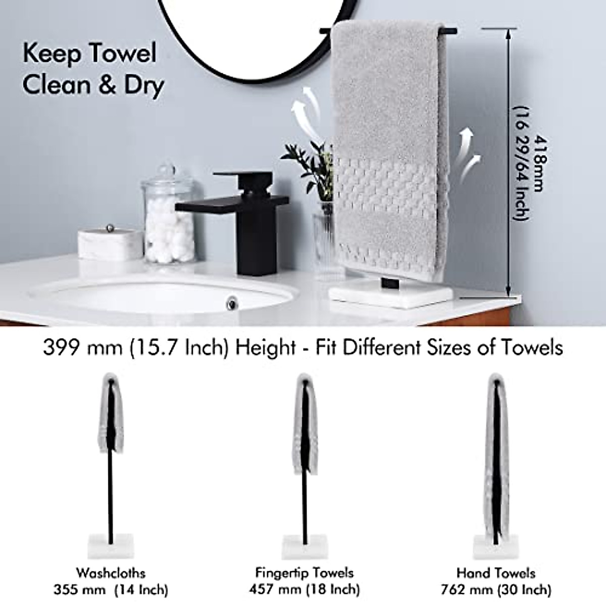 KES Towel Rack Stand, Hand Towel Holder with Marble Base Standing Towel Rack for Bathroom Countertop SUS304 Stainless Steel T-Shape Matte Black, BTH224-BK