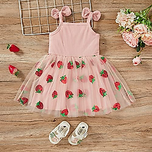 Toddler Baby Girl Dress Sleeveless Strap Knit Dress Daisy Tutu Dresses Princess Sundress (Pink Strawberry, 3-4T)