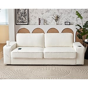 VanAcc Modern Sofa, 89in Comfy Couch with Cup Holders & USB Charging Ports, Offwhite Bouclé Couch- Deep Seat Sofa Couch for Living Room
