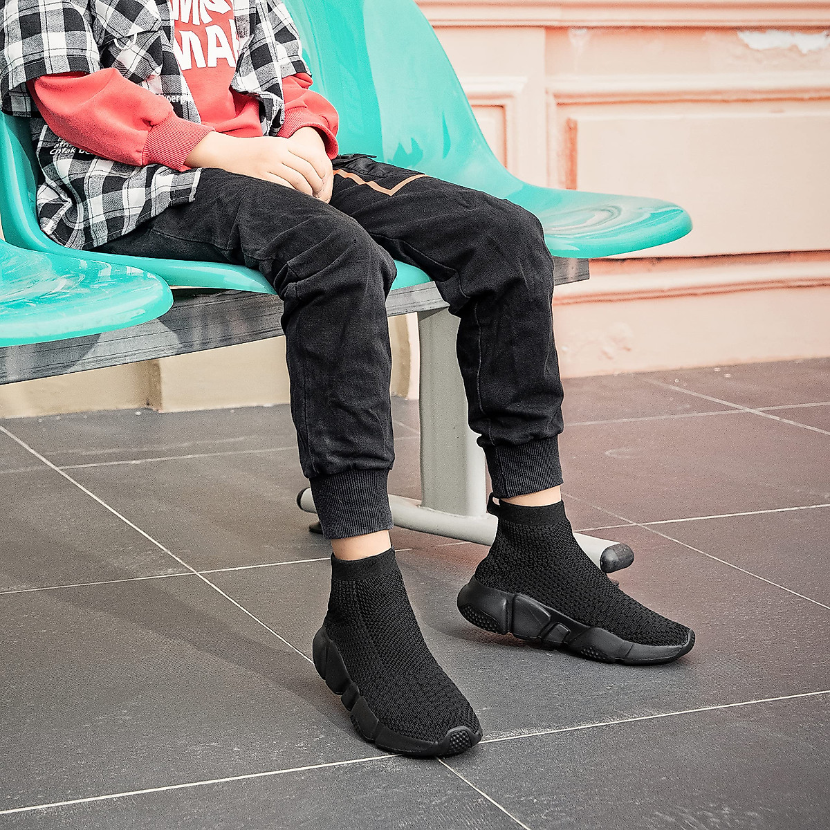 CHUI Boys Girls Breathable Sneakers Kids Hightop Shoes Mesh Lightweight Casual Slip-On Athletic Running Walking Shoes (Little Kid/Big Kid) Full Black Size 1 M US