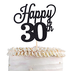 1 Pack Happy 30th Cake Topper Black Glitter Number 30 Thirty Birthday Cake Pick Decorations for Cheers to 30 Years Old 30th Birthday Wedding Anniversary Party Supplies Black