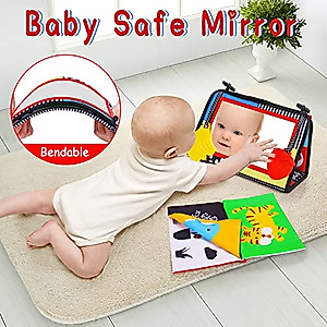 Tummy Time Baby Mirror Infant Toys Newborn Toys 0 3 Months Brain Development with Crinkle Cloth Book and Teether Black and White High Contrast Baby Toys 4 6 9 12 Month Boys Girls Crawling Sensory Toy