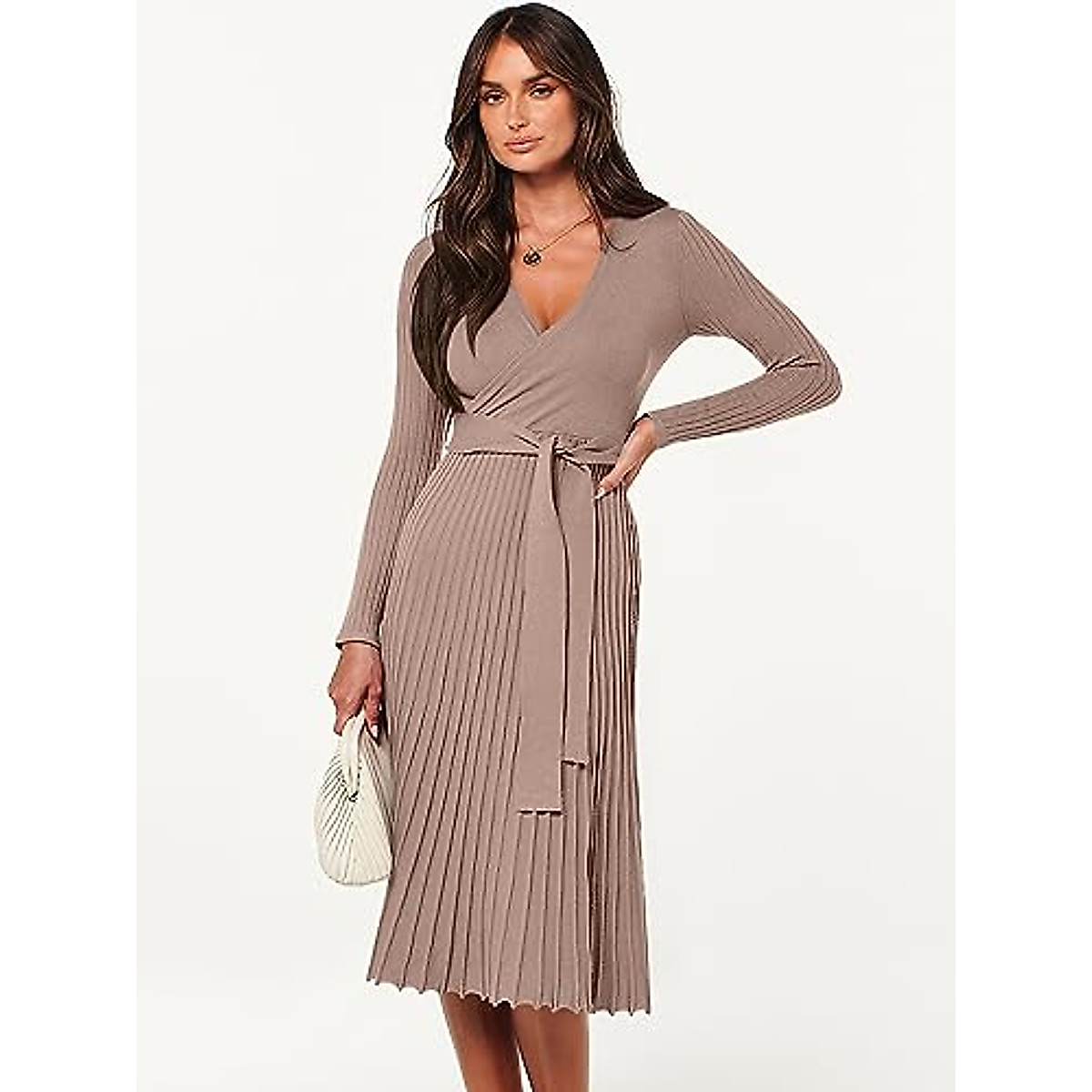 ANRABESS Long Sleeve Sweater Dress 2023 Fall Wrap Pleated V Neck Work Office A Line Tie Waist Soild Color Belted Ribbed Knit Bodycon Midi Sweater Dress 937doukou-XL