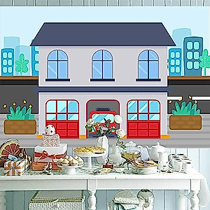 EMTOBT 7x5ft Cartoon City Fire Station Backdrop Firetruck Theme Kids Fireman City Street Birthday Background Firehouse Party Decorations Cake Table Decor Banner Children Photo Props BJWZEM0048