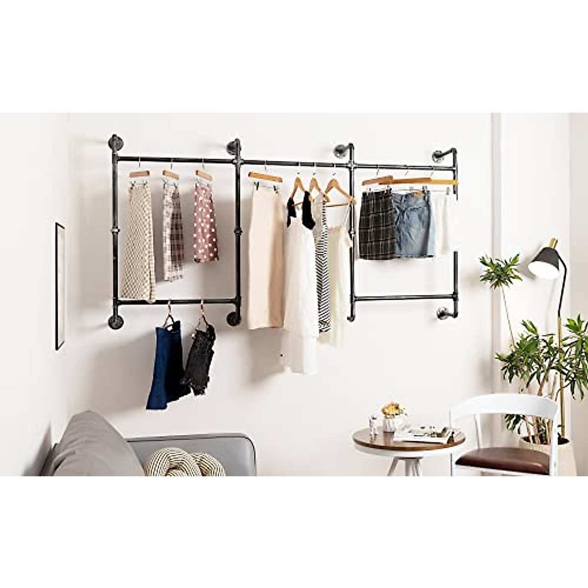 ZYUXUAN Industrial Wall Clothes Rack, Heavy-Duty Clothing Rack, Pipe Style Garment Rack with Four Hanging Rods for Home, Laundry Room, Retail Store, Rustic Black (five hanging rods)