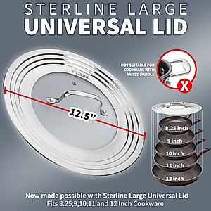 Sterline Universal Lids Set with Tempered Glass Top - Fits 5-12 Inch Pots, Pan, and Skillets - Set of 2, Large and Small, Stainless Steel Replacement Pot Lid for Kitchen Organizing, Space Saving