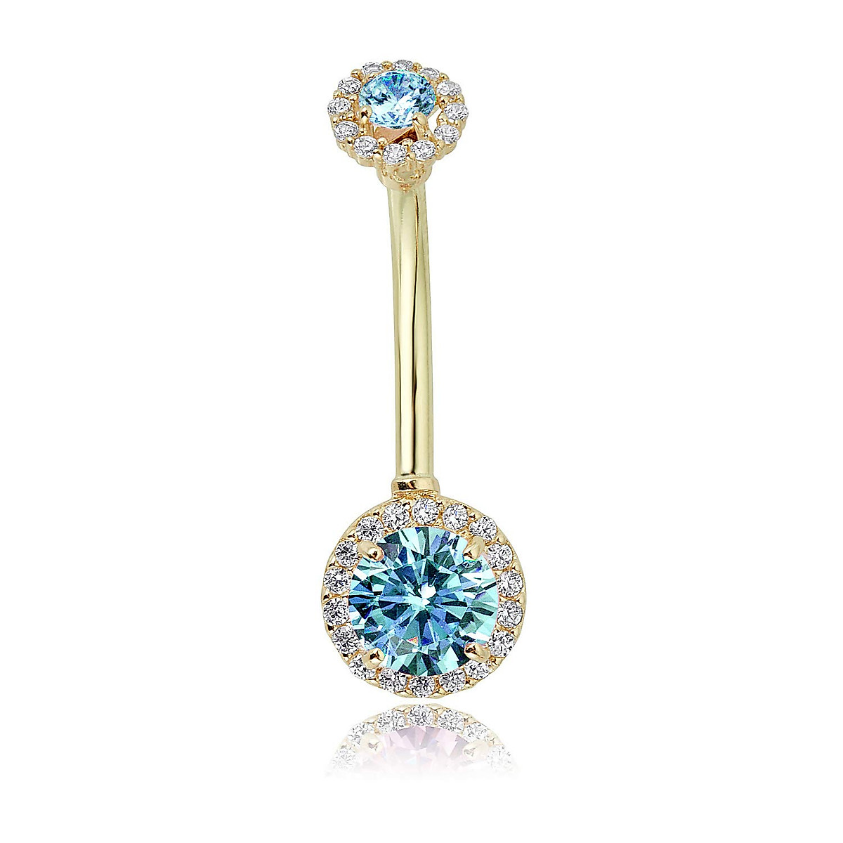AVORA 10K Yellow Gold Aqua Simulated Diamond CZ Halo Belly Button Ring Body Jewelry (14 Gauge)