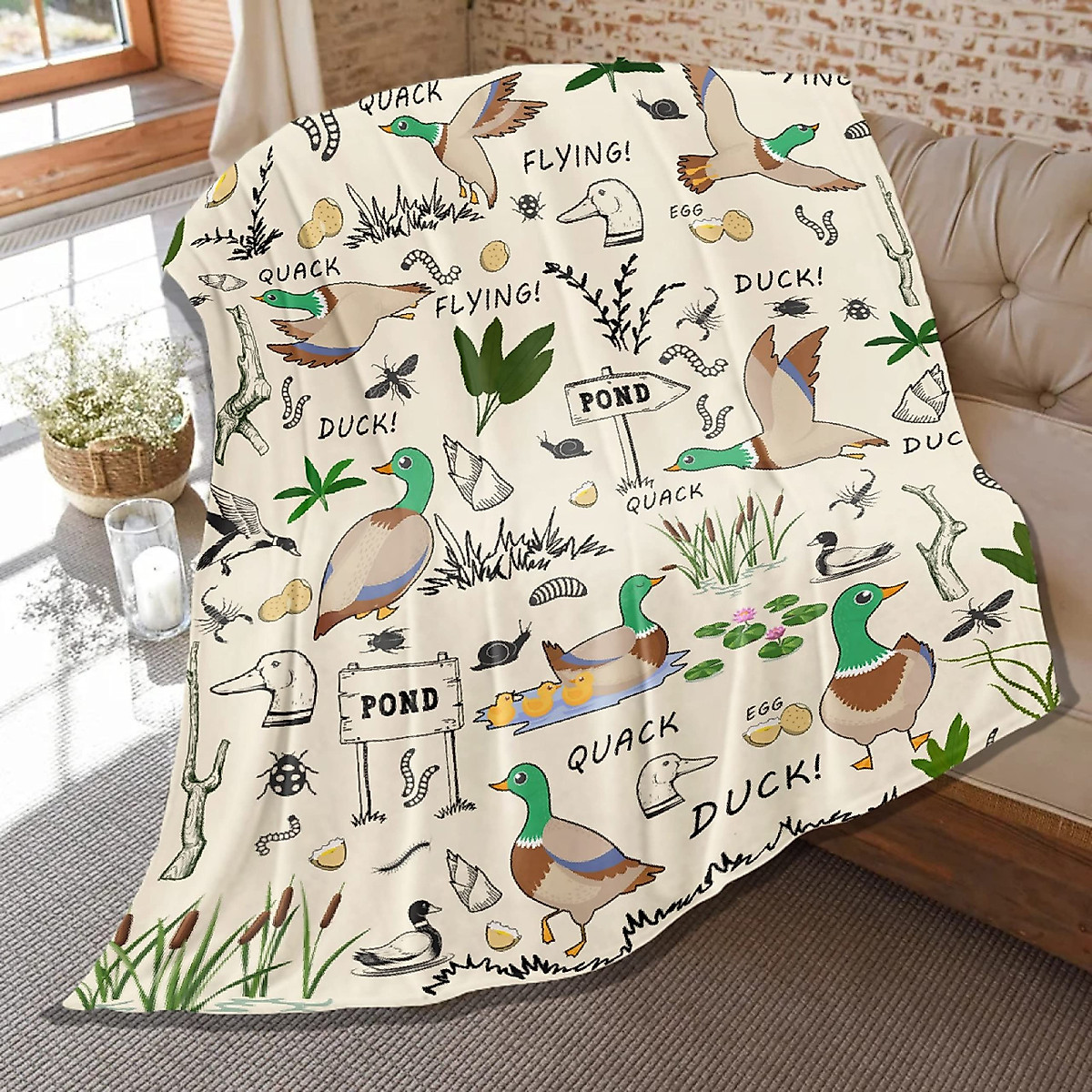 Duck Blanket for Kids, Cute Mallard Ducks Gifts, Soft Lightweight Flannel Throw Blanket with Mallard Ducks, Cute Duck Decoration for Bed Bedroom Sofa, 50 in x 40 in
