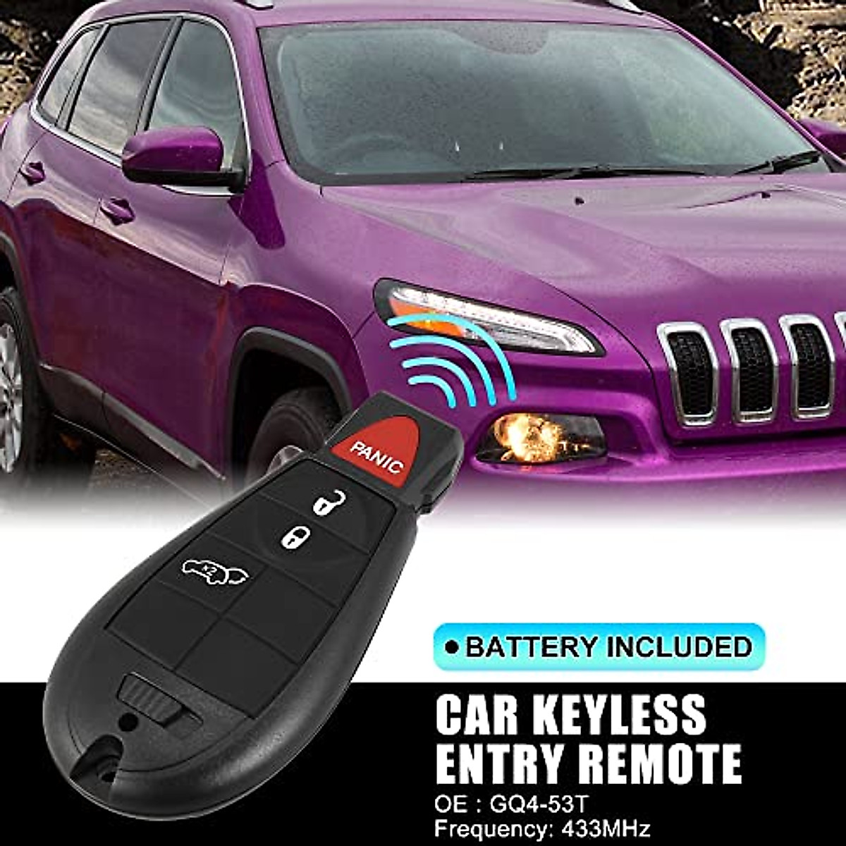 X AUTOHAUX Replacement Keyless Entry Remote Car Key Fob GQ4-53T 433Mhz for Jeep Cherokee 2014-2019 4 Buttons with Door Key