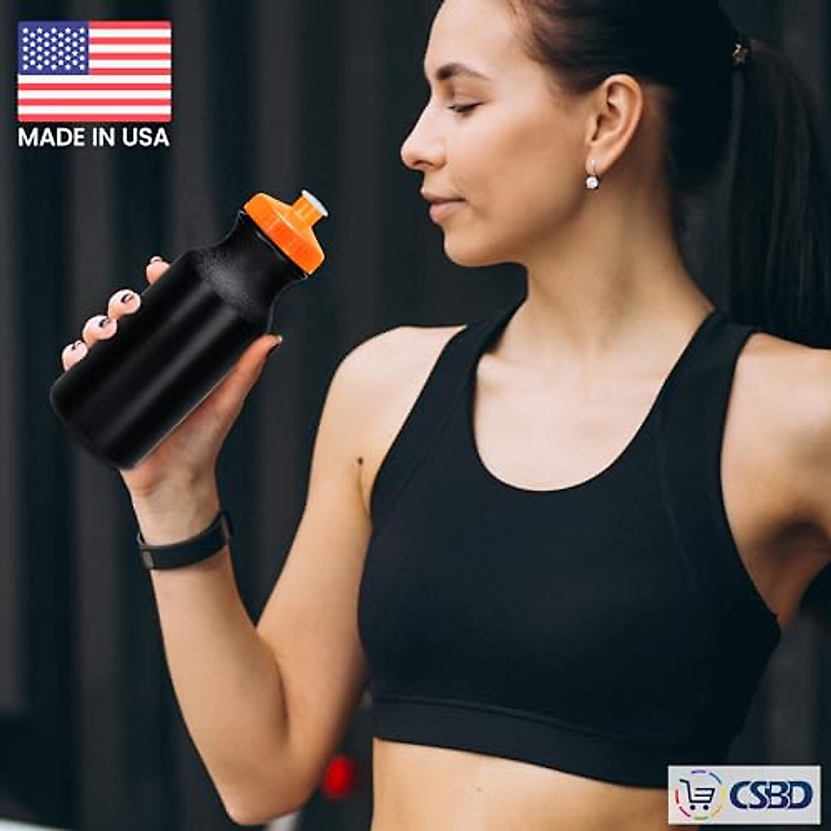 CSBD 20 oz. Bulk Water Bottles, Made in USA, Blank Plastic Reusable Water Bottles for Gym, Cycling, BPA Free, Plastic Water Bottles Pull Top Cap for Sports, Black Bottle/Neon Orange Lid - 10 Pack