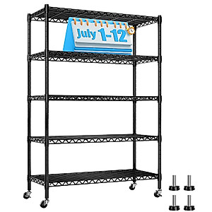 REIBII Wire Shelving Rack Garage Shelving with Wheel 5 Tier Metal Shelving Unit 1750LBS Adjustable Wire Shelf for Garage Storage Shelves Rolling Heavy Duty Shelving Metal Shelves for Storage Pantry