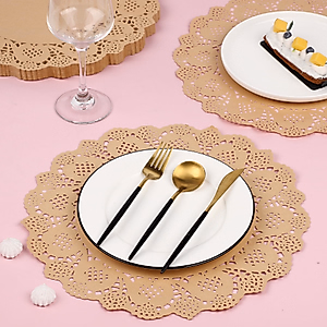 MCEAST 100 Pack Round Brown Kraft Paper Doilies 13.5 Inches Lace Paper Place Mats Rustic Scallop Doily Disposable Paper Table Pads for Food Cakes Crafts Party Weddings Tableware Decor