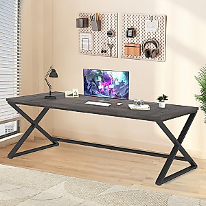 IBF 70.8” Long Computer Desk, Industrial Large Home Office Desk for Writing Study, Rustic Gaming Executive Work Desk for 2 Person, Wood Metal Pc Workstation Computer Table for Living Room, Dark Gray