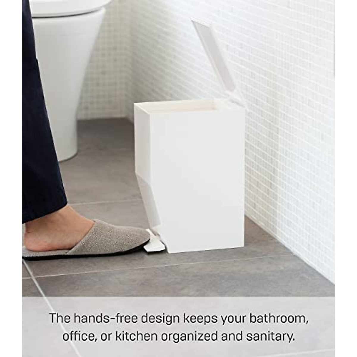 Yamazaki Home Wire Slim Saving Rolling Wheeled Clothing Hamper | Steel + Wood | Laundry Basket, One Size, White & Tower Sanitary Step Trash Can, One Gallon ?€? Small Home Waste Bin