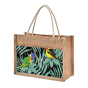 Jute Tote Burlap Bag Green Parrot Tropical Bird Floral Flowers Leaves Gift Bag Women DIY Work Grocery Storage Bag