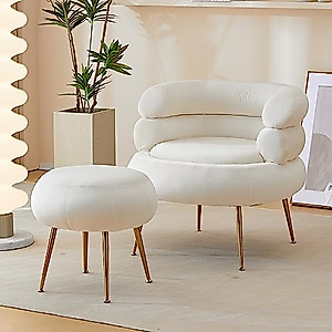 Modern Accent Chair with Ottoman - Barrel Chair with Golden Metal Legs - Velvet Single Sofa Reading Chair - Upholstered Tufted Lounge Chair - Armchair with Footrest for Bedroom Living Room - Beige