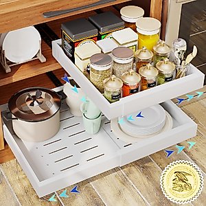 Gracenal Pull Out Cabinet Organizer, Kitchen Organizers and Storage 16.5" DEEP Expandable Width 12.5" - 19.7", Heavy Duty & 3 Trails, No-Nail Sticker Bathroom Kitchen Organization and Storage 1 Pack