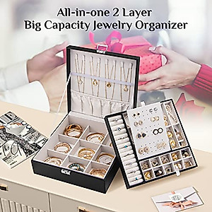 Jewelry Box for Women, 2 Layers Jewelry Organizer with Lock, Large Jewelry Boxes Jewelry Case for Storing Earrings Rings Necklaces Bracelets PU Leather & Soft Velvet Lined, Girls Wife Ideal Gift