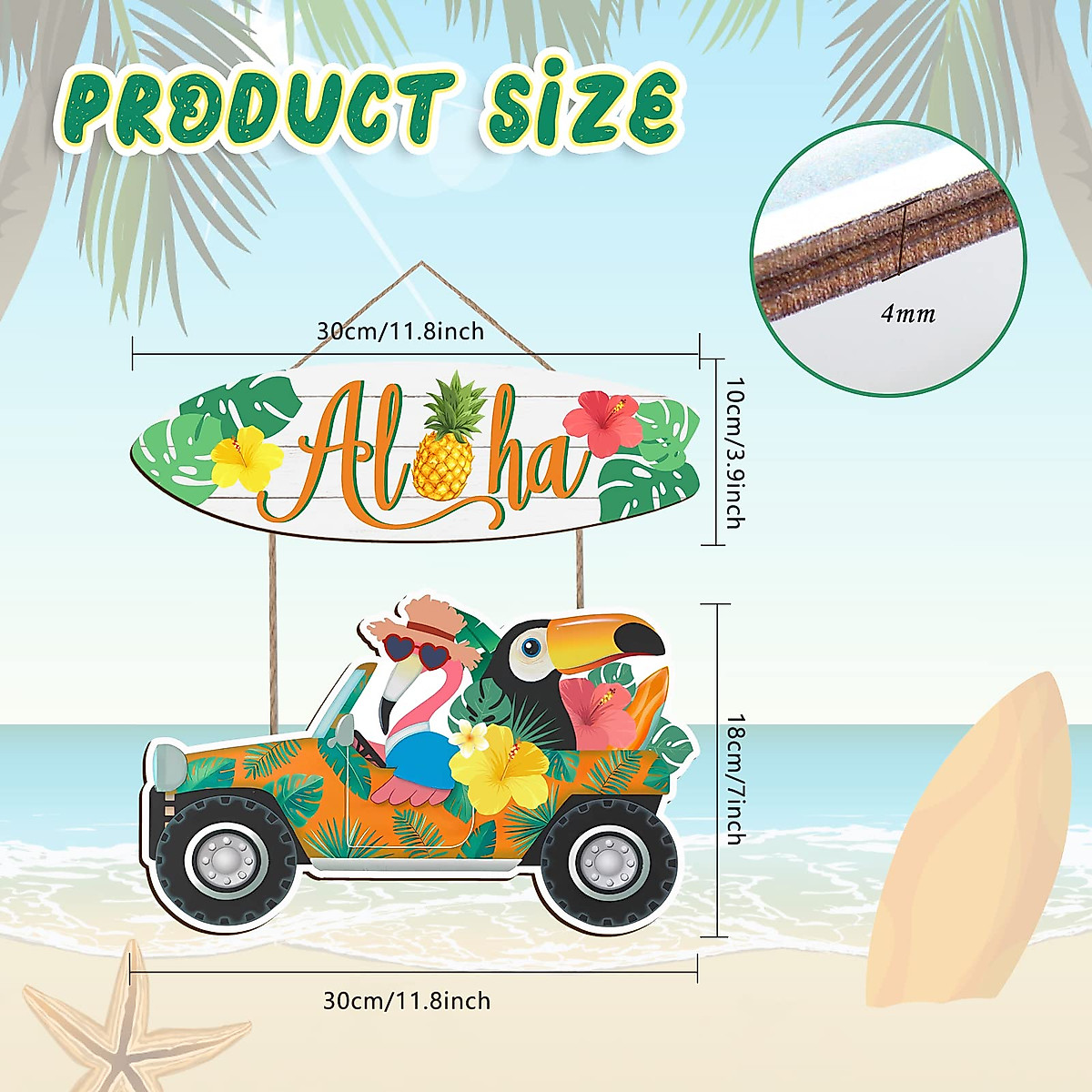 POILKMNI Hawaii Summer Door Wooden Sign Surfboard Aloha Signs Hanger Tropical Welcome Hanging for Front Porch Bedroom Living Room Kitchen Home Wall Decor Green/Yellow/White