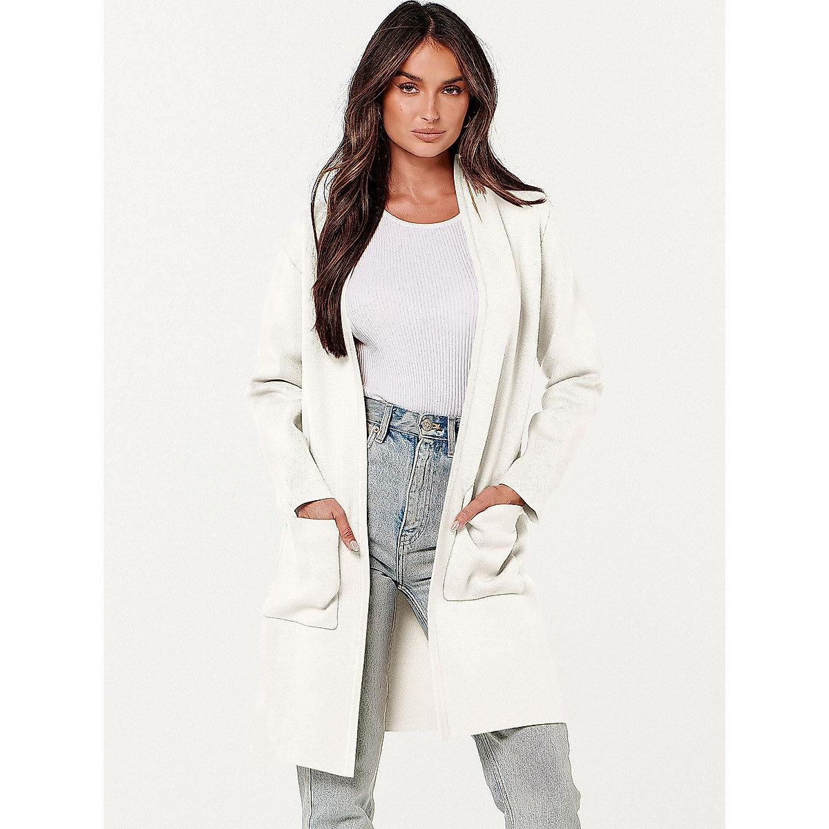 ANRABESS Cardigan Sweater for Women Casual 2024 Fall Fashion Coat Long Sleeve Open Front Knit Coatigan Outwear Off White Large