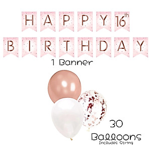 Sweet 16 Rose Gold Birthday Party Supplies, Serves 24 Guests, Includes Cups, Plates, Napkins, Table Covers, Happy Birthday Banner, Cake Topper, Balloons, and Candle, Essentials for 16th Birthday Party