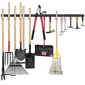 QualStorage 64" All Metal Garden Tool Organizer Wall Mount Mop Broom Holder Heavy Duty Garage Storage Organization for Shovel,Mop,Broom,Rake and Yard Tool(4 Rails, 16 Hooks)