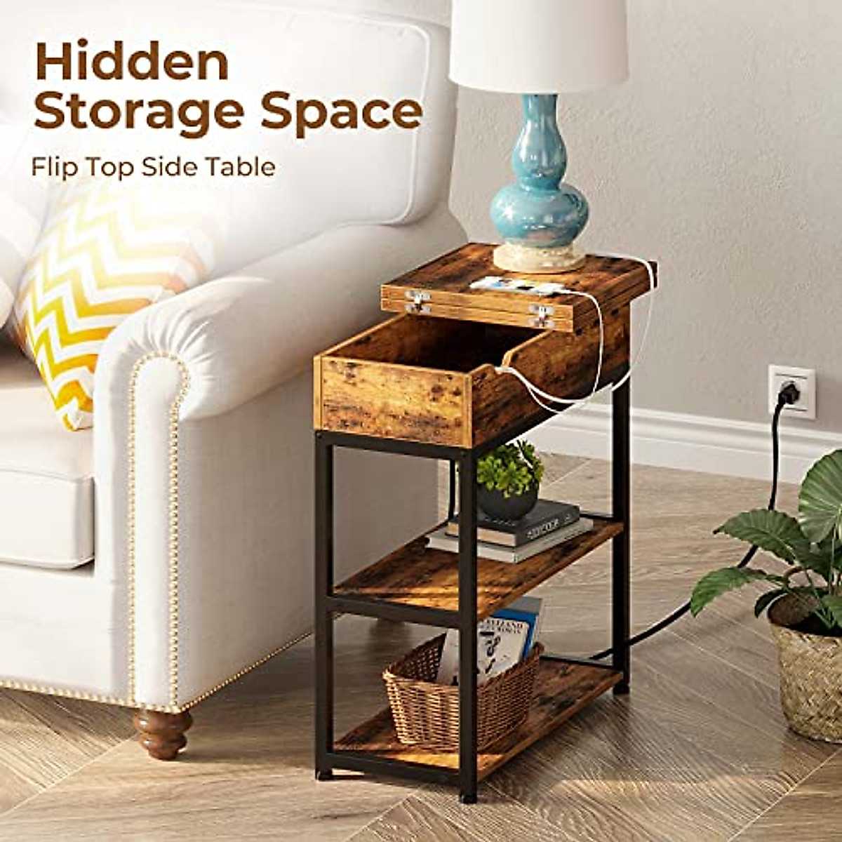 Rolanstar End Table with Charging Station, Narrow Nightstand, Flip Top Side Table with USB Ports and Storage Shelves for Small Spaces, Living Room, Bedroom (Rustic Brown)
