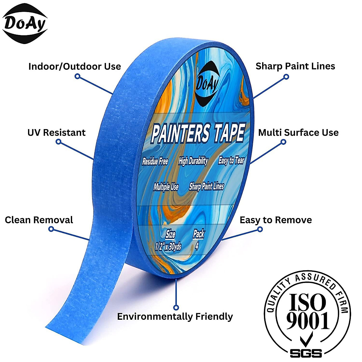 DOAY Blue Painters Tape 1/2 Inches x 30 Yards - Multi Surface Use - 120 Yards Total - 4 Rolls