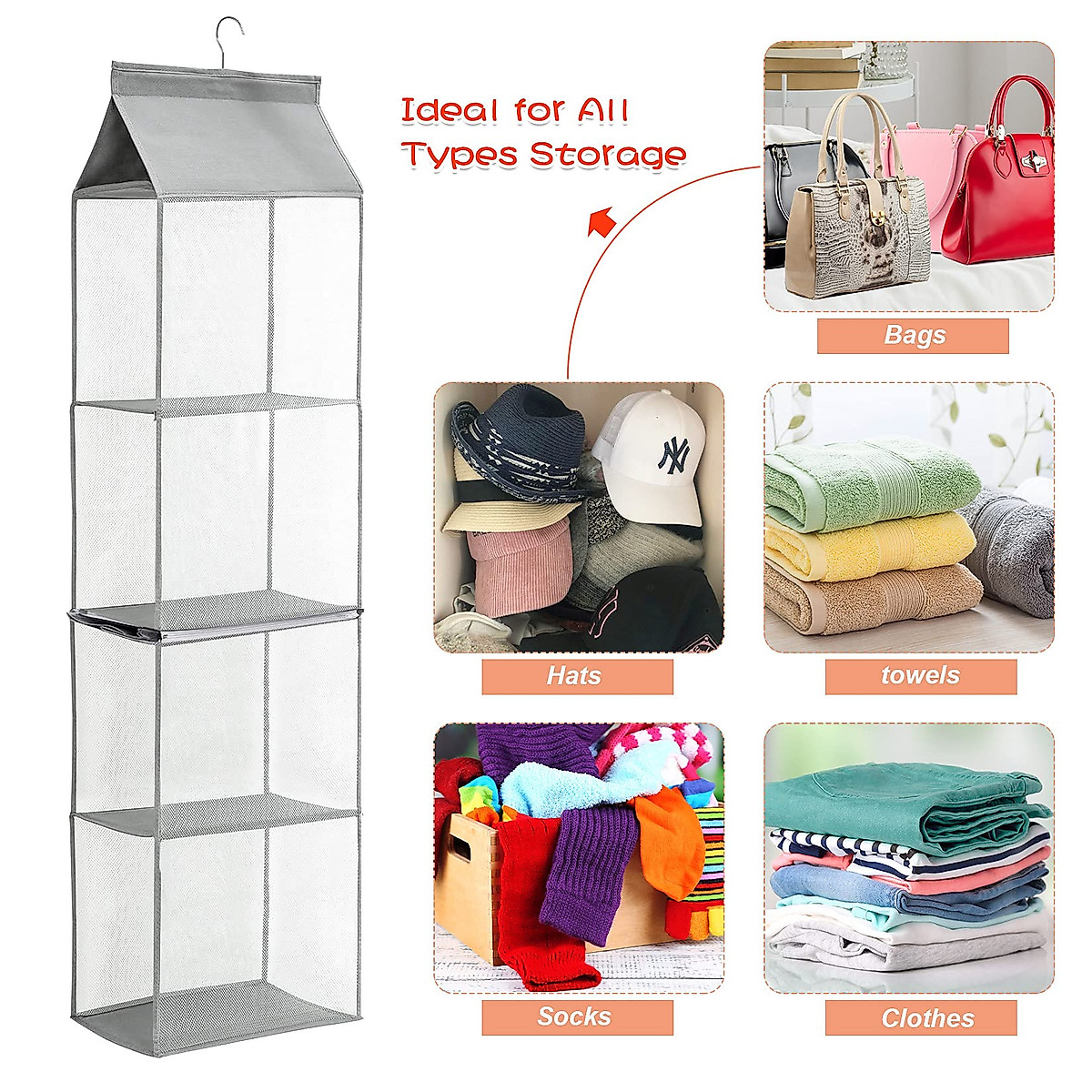 Febou 2 Pack Hanging Purse Organizer for Closet, Detachable Hanging Handbag Storage Purse Holder with 4 Mesh Shelves for Wardrobe Closet Purse Organizer (Grey)