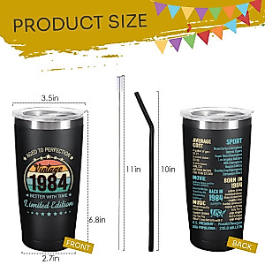 Jettryran 40th Birthday Gifts for Women Men Parents 40 Years Old Gifts- 20 oz Double-sided Vintage 1984 with Time Information Tumbler Cup（black） Turning 40- TB002