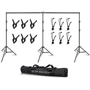 SLOW DOLPHIN Photo Video Studio 20ft (Wide) x 10ft (Tall) Heavy Duty Adjustable Width & Length Photography Backdrop Stand Background Support System Kit with Spring Clamps, Backdrop Clips, Carry Bag