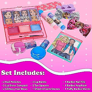 Barbie - Townley Girl 15 Pcs Makeup Filled Backpack Cosmetic Gift Set with Mirror Includes Lip Gloss, Nail Polish, Hair Bow & More! for Kids Girls, Ages 3+ Perfect for Parties, Sleepovers & Makeovers