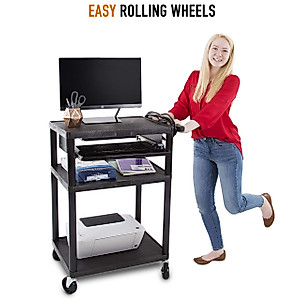 Line Leader Plastic AV Cart with Keyboard Tray, Mobile Workstation with Storage For Offices and Schools, Rolling with 4 Casters, 2 Locking Brakes, Heavy Duty, Holds up to 100 lbs (Black, 24 x 18 x 34)