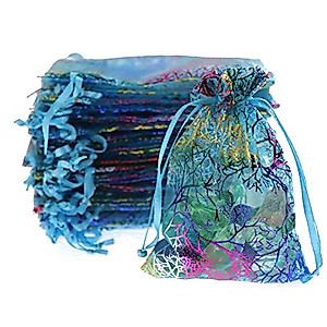 SumDirect 100Pcs Blue Organza Drawstring Bags Jewelry Pouches, Coralline Pattern Candy Chocolate Party Christmas Wedding Favor Gift Bags,3.5x4.7inches