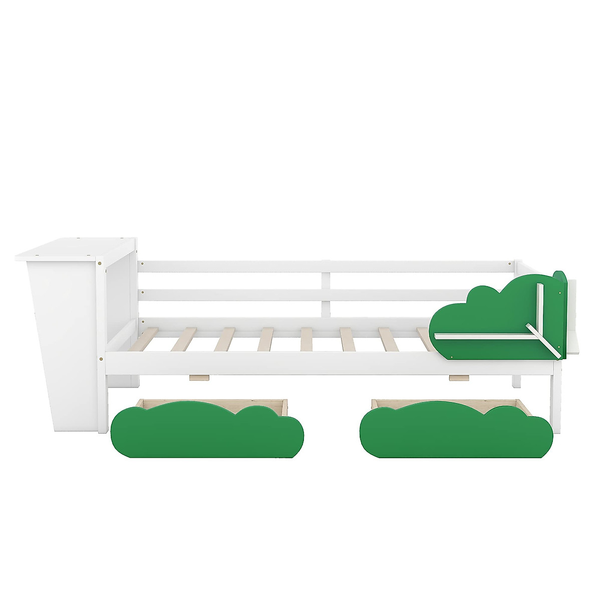 FIQHOME Twin Size Daybed with 2 Storage Drawers and Desk, Wood Kids Twin Bed Frame with Green Leaf Shape Shelves, Twin Sofa Bed Frame for Kids Girls Boys, No Spring Box Required, White