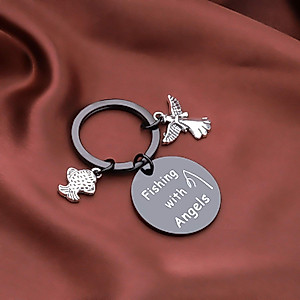 POTIY In Memory of Dad Keepsake Fishing with Angels Keychain Dad Grandfather Memorial Keychain RIP Gift Loss of Brother Gift (Black Keychain)