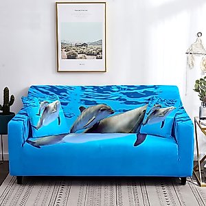 Dolphin Stretch Sofa Slipcovers, Blue Ocean 3D Printed Covers Sofa 1 2 3 4 Seater, Sofa Furniture Protector Cover with 2 Free 45 * 45cm Sofa Pillow Covers