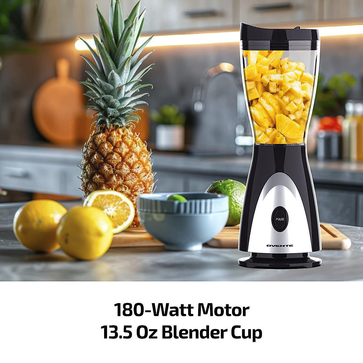 OVENTE Portable Personal Blender for Shakes, Smoothie and Juice with Compact 13.5 Oz BPA Free Travel Cup and Lid, Durable Stainless Steel Blades for Powerful Blending Performance, Black BLH1001B