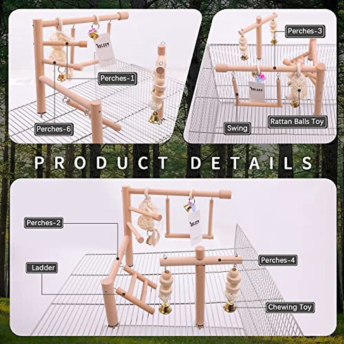 QBLEEV Bird Cage Play Stand Toy Set-Birdcage Wood Stands Hanging Chew Toys Ladder Swing Parrot Perch Play Gym Playground Accessories Activity Center for Conure, Parakeets, Budgie, Cockatiels,Lovebirds