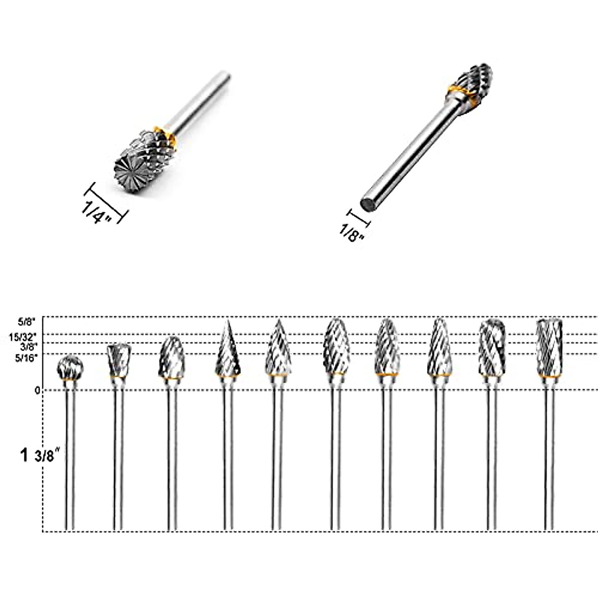 Carbide Rotary Burr Set - BIGOU 10PCS Double Cut Carving Burr Bits Tungsten Carbide 1/8" Shank 1/4" Grinding Head for DIY Carving Metal Polishing Engraving Drilling