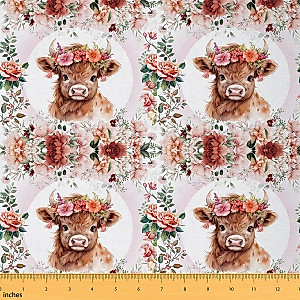 Feelyou Cute Highland Cow Fabric by The Yard 2 Yards Cartoon Animal Decorative Waterproof Outdoor Fabric Flower Floral Print Upholstery Fabric for Chairs Farm Zoo Garden Theme DIY Reupholstery Fabric