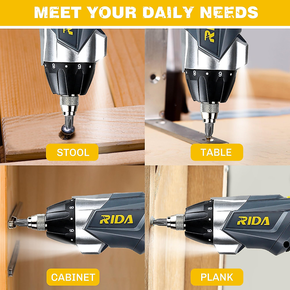 RIDA Cordless Screwdriver 4V Electric Screwdriver Rechargeable Screw Gun Kit w/10+1 Torque & 2 Position Handle, 3 LED work indicator & LED flashlight, 58pcs Accessories and Tool Box New Year presents