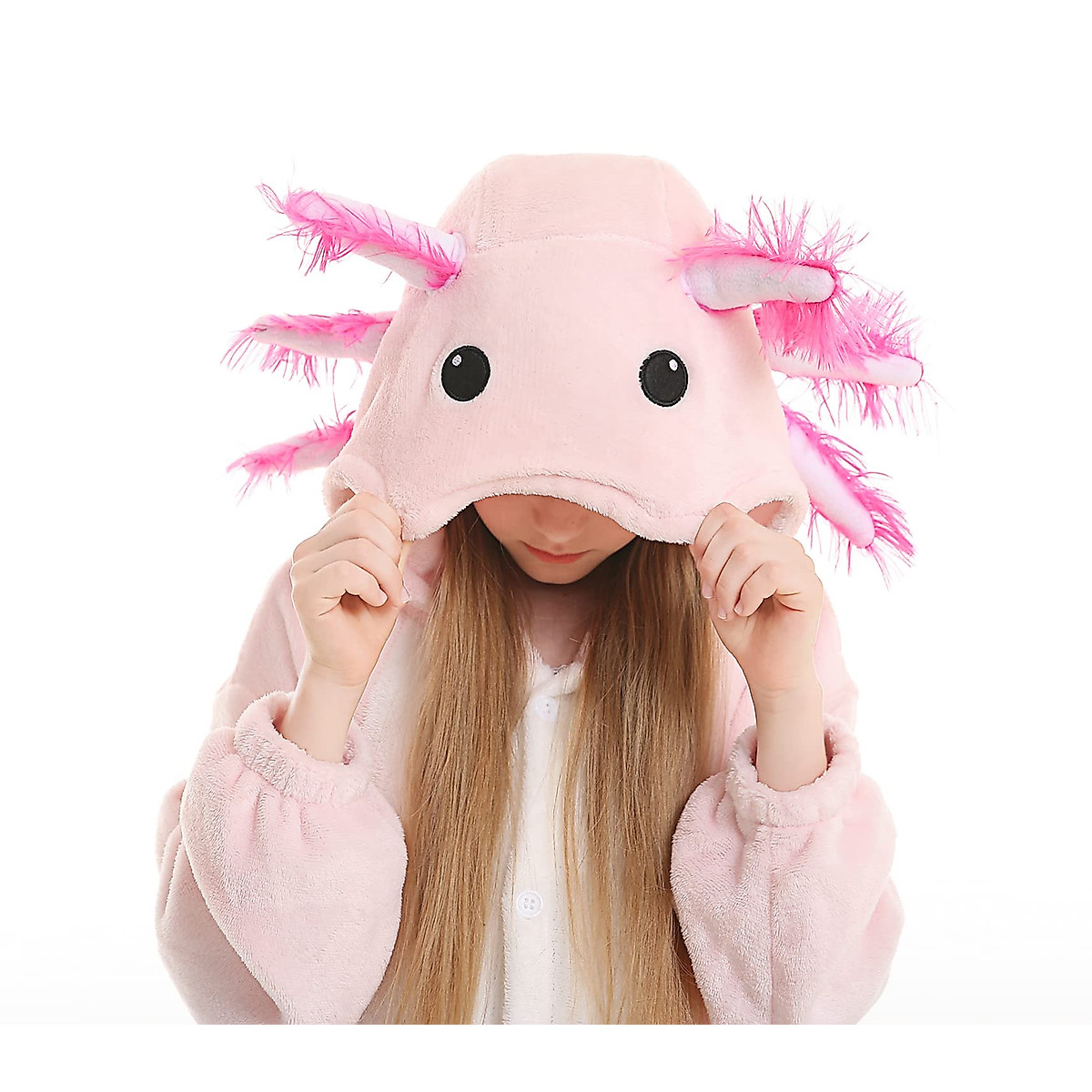 ATOZ Onesie for Kids, Animal Pajamas Halloween Cosplay Costume for Girls Boys, Pink Axolotl 8-9Y