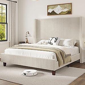 HOWE King Size 61" Corduroy Upholstered Bed Frame, Platform Bed with Vertical Stripe Wingback Headboard, No Box Spring Needed/Noise Free/Solid Wood Slats/Cream