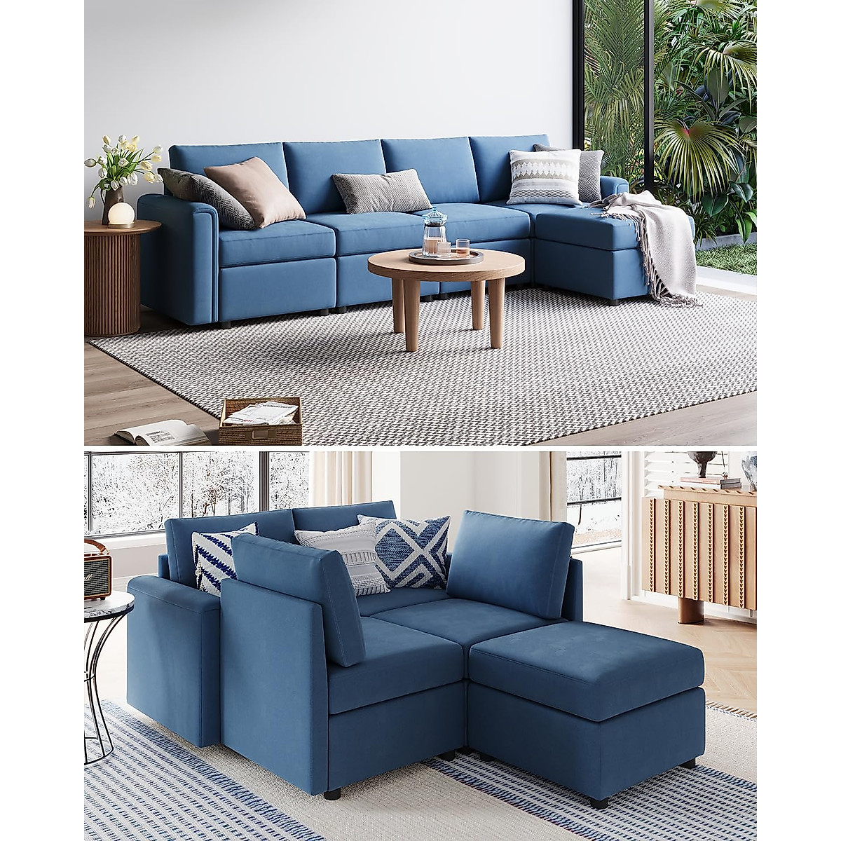 LINSY HOME Sectional Sofa, Blue, 300lb Weight Capacity, Changeable Covers, Storage Seat, BIFMA X5.4-2020 Certificated, Memory Foam Cushion, Easy Assembly, 6 Packages